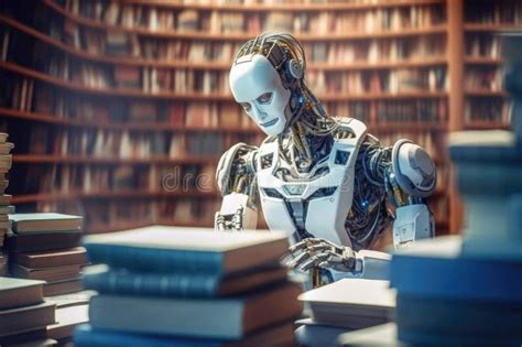 Ai Learn Concept Humanoid Robotic Futuristic Technology Drone Read The Books In Library Extreme