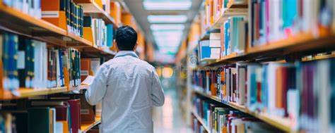 Man In White Lab Coat Browsing Bookshelves In A Modern Library With