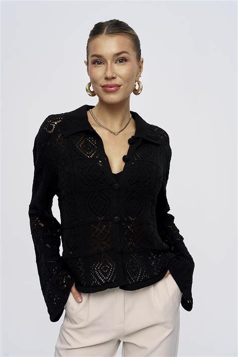 Polo Yaka Ajurlu Triko Siyah Kadın Hırka Tuba Butik