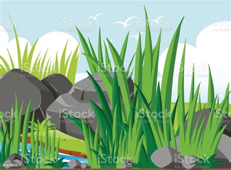 바위와 잔디 정원 장면 0명에 대한 스톡 벡터 아트 및 기타 이미지 0명 강 관목 Istock