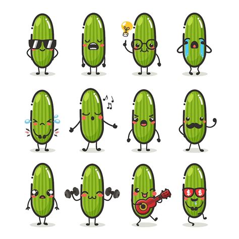 Premium Vector Set Of Cute Cucumber Character In Different Action Emotion