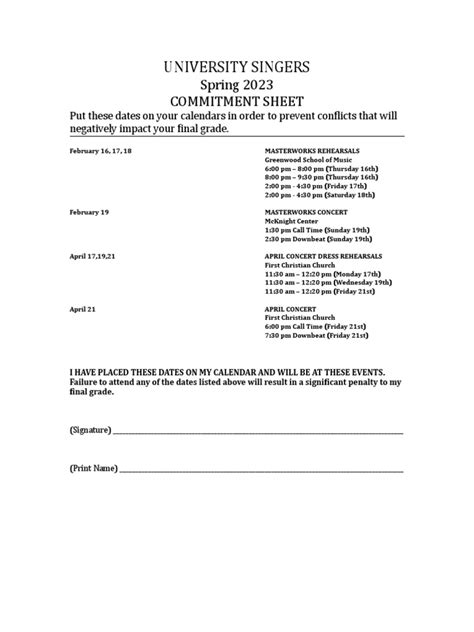 Example Choral Commitment Sheet Pdf