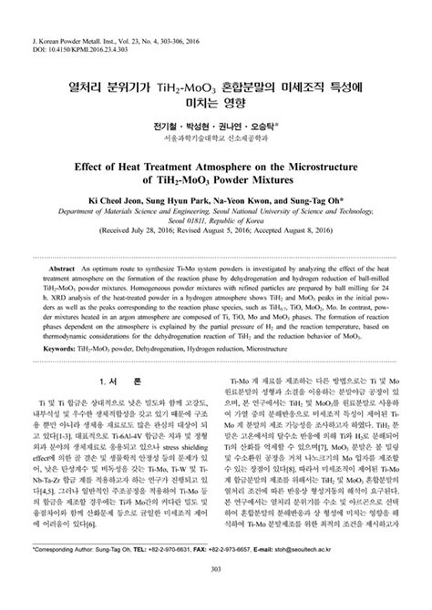 열처리 분위기가 Tih2 Moo3 혼합분말의 미세조직 특성에 미치는 영향 Koreascholar