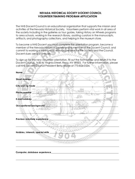 Fillable Online Docent Council Applicationnevada Historical Society Fax