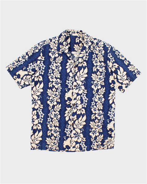 Mens Blue Hibiscus Print Hawaiian Shirt L Rokit