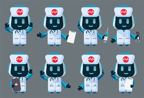 로봇 간호사 캐릭터 벡터 세트입니다 친근한 얼굴을 한 로봇 의료 캐릭터와 흰색 배경에 고립된 유니폼 간호사에 대한 스톡 벡터 아트 및 기타 이미지 Istock