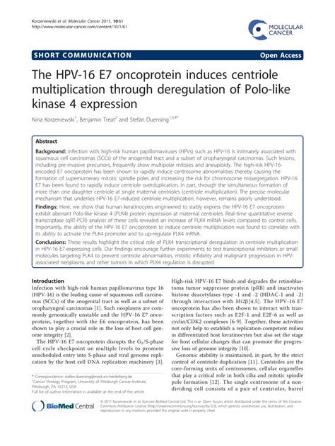 Pdf The Hpv 16 E7 Oncoprotein Induces Centriole Multiplication Through Deregulation Of Polo