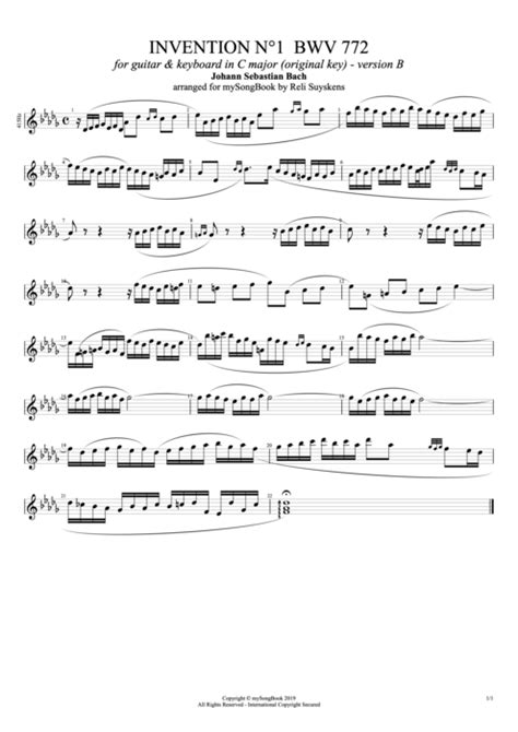 Invention N°1 In C Major Bwv 772 Version B Tab By Johann Sebastian Bach