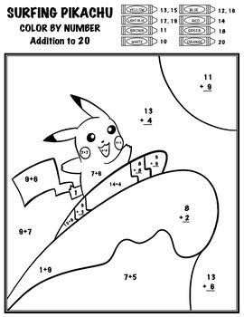 Pokémon Color By Number Add Subtract Multiply Divide Surfing Pikachu