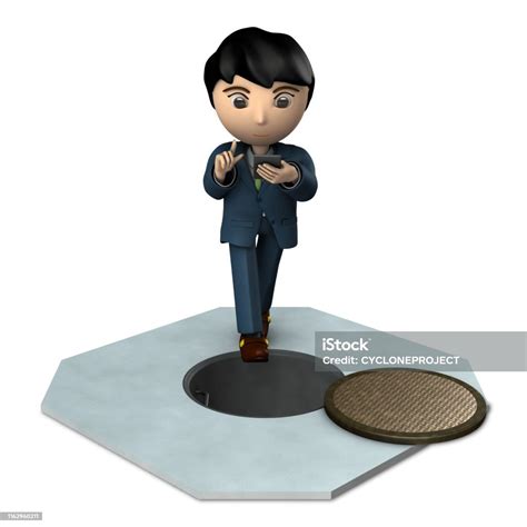 잠에서 깨어나면서 스마트폰을 운영하는 젊은 사업가 그는 맨홀의 구멍을 알아채지 못했다 흰색 배경입니다 3d 일러스트레이션 3차원 형태에 대한 스톡 사진 및 기타 이미지