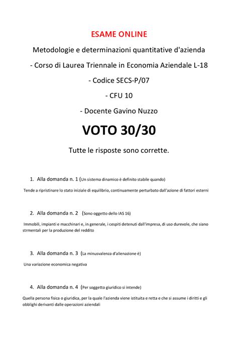 Metodologie E Determinazioni Quantitative Dazienda Esame Online