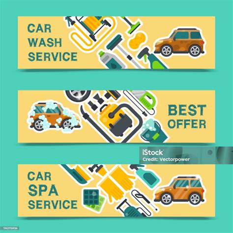 세차 배너 물 전송 청소기 배경 벡터 일러스트 레이 션 세탁기 자동차 샤워 세척 서비스 자동 차량 청소기 역 교통 관리 비즈니스 개념입니다 세차장에 대한 스톡 벡터 아트 및
