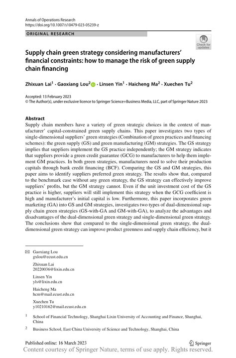 Supply Chain Green Strategy Considering Manufacturers Financial Constraints How To Manage The
