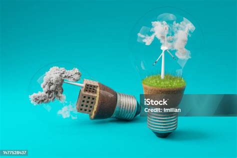 내부에 모방 풍력 터빈과 석탄 화력 발전소가있는 전구 녹색 토양과 구름 오염 및 연기 재생 가능한 청정 에너지 개념 무한한 배경 3d 그림 0에 대한 스톡 사진 및 기타