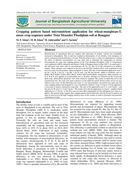 Pdf Cropping Pattern Based Micronutrient Application For Wheat Mungbean T Aman Crop Sequence