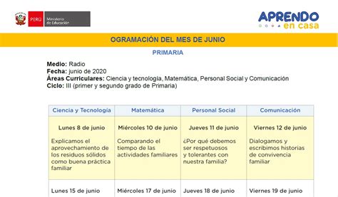 Programación Radial De Primaria Del Mes De Junio Aprendo En Casa [pdf