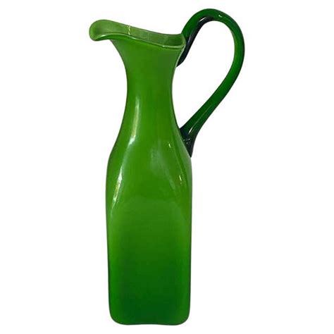 Hand Blown Handle Art Glass Pitcher With Agate Colored Swirls For Sale