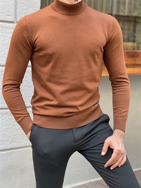 Hunwal Brown Slim Fit Mock Turtleneck Sweater Aysotiman