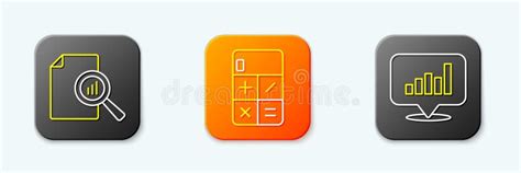 set line document with graph chart calculator and pie infographic icon