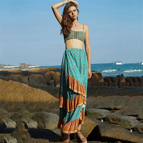 Ruffle Turquoise Floral High Waist Vintage Maxi Skirt Elastic Waist