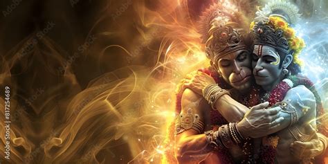 Lord Rama Embraces Devotee Hanuman In An Image Of Hindu Faith Concept