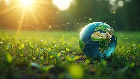 Digital Globe Sits In Green Field With Young Seedlings Sunlight Highlights Global Connectivity