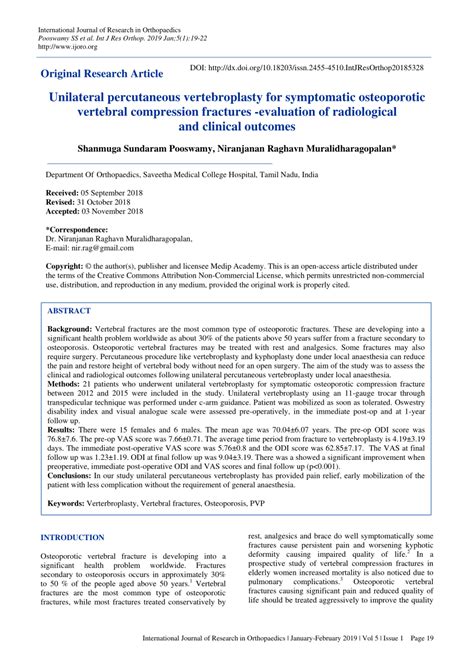 Pdf Unilateral Percutaneous Vertebroplasty For Symptomatic Osteoporotic Vertebral Compression
