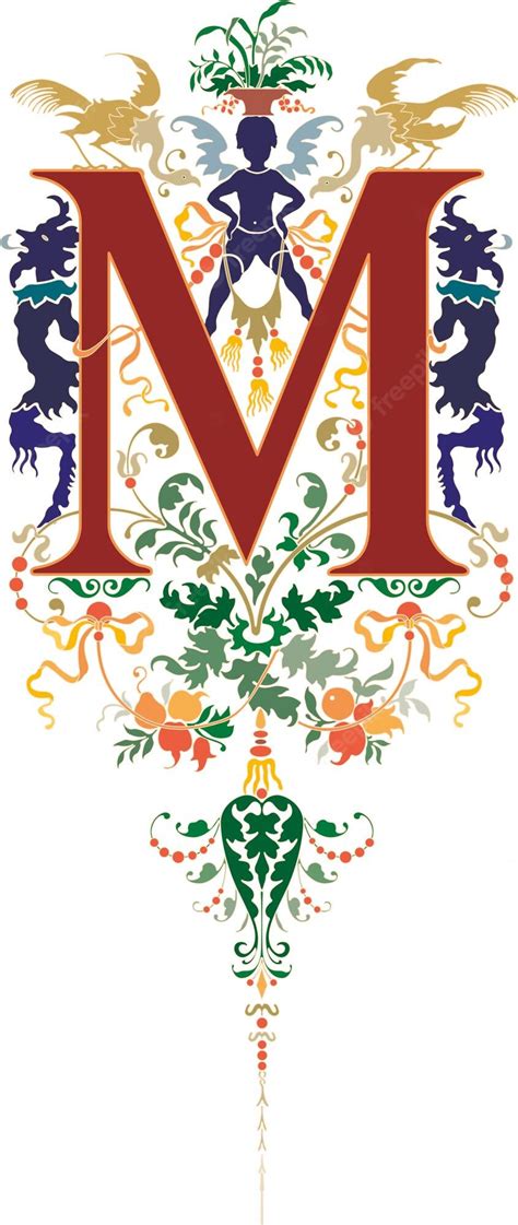 편지 M 꽃 중세 르네상스 화려한 대문자 모노그램 초기 알파벳 문자 프리미엄 벡터
