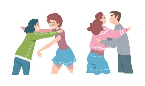 젊은 남자와 여자 친구 함께 회의 포옹 하 고 서로 벡터 세트 명랑한에 대한 스톡 벡터 아트 및 기타 이미지 명랑한 모임 몸짓 Istock