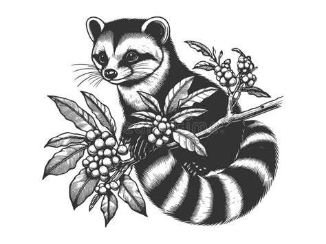 Musang Asian Palm Civet Coffee Tree Branch Raster Stock Illustration