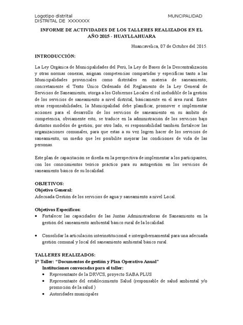Modelo De Informe De Talleres Y Capacitaciones Pdf Saneamiento