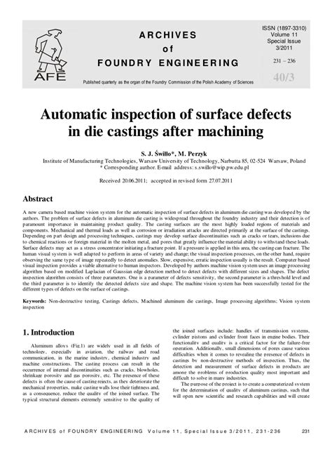 Pdf A R C H I V E S Of 40 3 Automatic Inspection Of Surface Defects In Die Castings After