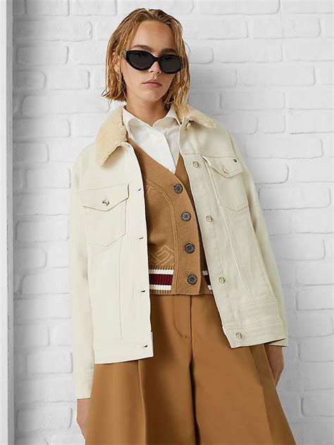 Th Monogram Teddy Collar Relaxed Fit Denim Jacket White Tommy Hilfiger