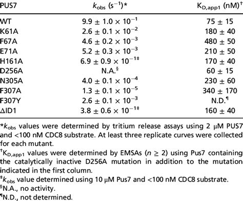 Wild Type And Mutant Pus7 Single Turnover Rate Constants And
