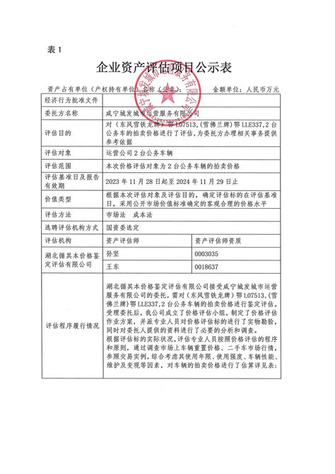 企业资产评估项目公示表 公务用车 咸宁城市发展（集团）有限责任公司