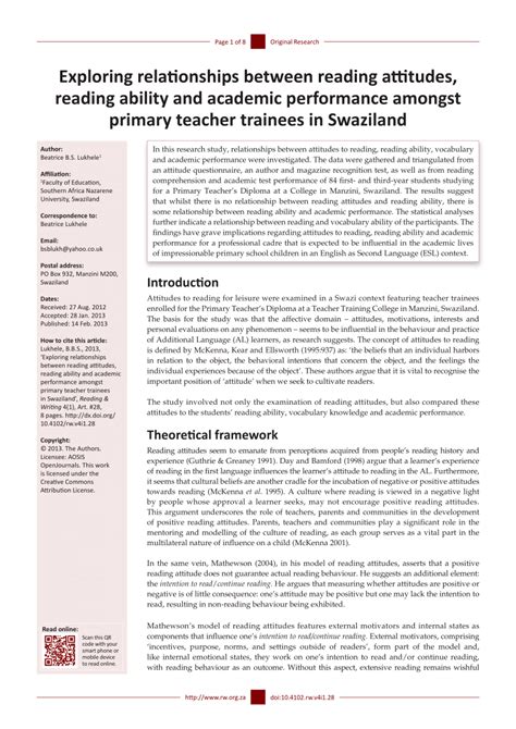 Pdf Exploring Relationships Between Reading Attitudes Reading