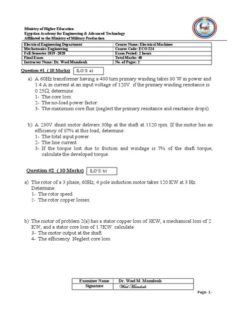 Analysis Of Electrical Machines Final Exam For Electrical Engineering Course Covering
