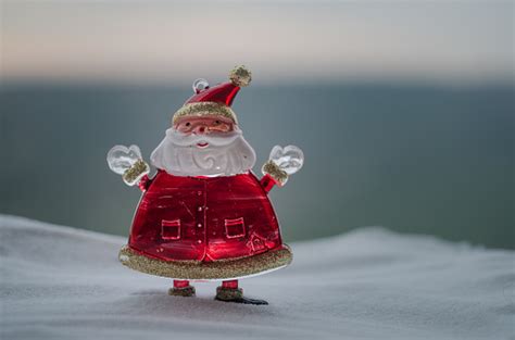 나무와 눈 크리스마스 시간에 행복 한 산타 클로스 인형 야외 배경 흐리게 산타 조항 및 메리 크리스마스 Defocused 자연 배경 뒤에 모델 피겨 장난감 12월에 대한