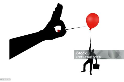 공중에서 풍선에 달라 붙는 남자와 바늘을 가진 손이 그것을 터뜨리고 싶어하는 실루엣 벡터 부러움에 대한 스톡 벡터 아트 및 기타