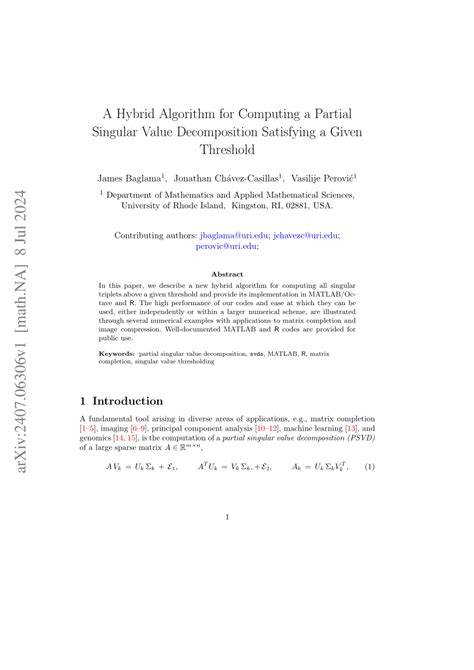 PDF A Hybrid Algorithm For Computing A Partial Singular Value