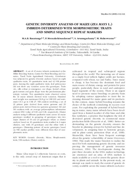 Pdf Genetic Diversity Analysis Of Maize Zea Mays L Inbreds