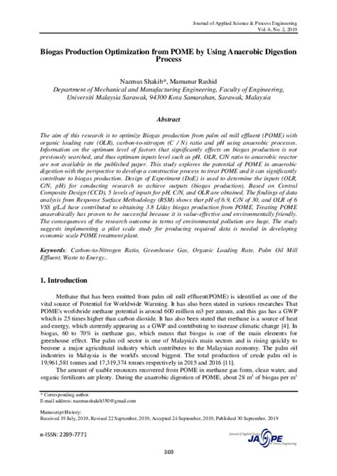 Pdf Biogas Production Optimization From Pome By Using Anaerobic Digestion Process