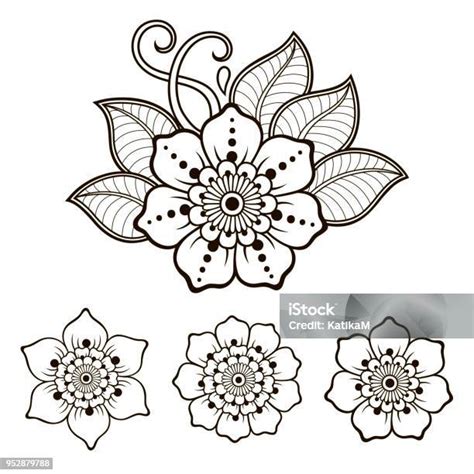 멘디 헤나 그림을 문신에 대 한 꽃 패턴의 집합입니다 민족 동양 인도 스타일에서 장식입니다 0명에 대한 스톡 벡터 아트 및 기타 이미지 Istock
