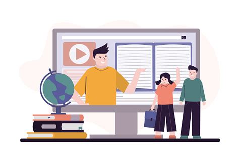남성 교사는 학생들에게 정보를 설명합니다 노트북에서 웨비나를 보는 아이들 화면에 전자 책과 교사 만화 아이들은 온라인 교육을