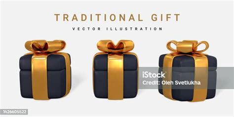 황금 활이있는 3d 현실적인 검은 선물 상자 흰색 배경에 고립 된 리본과 그림자가있는 종이 상자 벡터 일러스트 레이 션 3차원