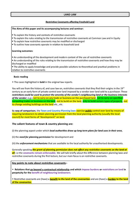 Land Law 8 Restrictive Covenants 2021 Land Law Restrictive