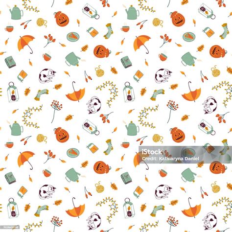 다양한 가을 요소를 가진 벡터 원활한 패턴 떨어지는 나뭇잎 고양이 양말 우산 호박 및 기타 안녕하세요 가을입니다 손으로 그린 평면 그림입니다 귀엽고 아늑한 가을 배경 0명에