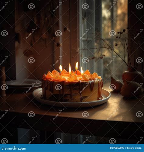 Birthday Cake With Lit Candles On Table Created Using Generative Ai