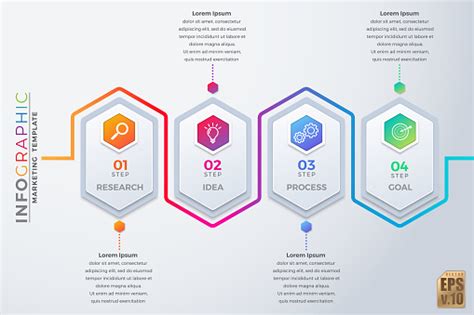 인포 그래픽 비즈니스 디자인 육각형 아이콘 다채로운 마케팅 템플릿 벡터 최소 스타일의 4 가지 옵션 또는 단계 마케팅 프로세스 워크플로 프레젠테이션 레이아웃 순서도에 사용할