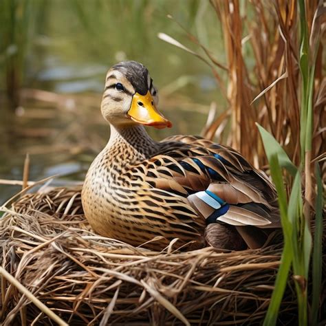 A Duck Sits In A Nest With Reeds In The Background Premium Ai